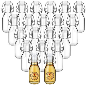 Queekay 20 PCS Mini Flip Top Glass Bottle with Stoppers Decorative Swing Top Bottles Small Glass Bottles with Lids Kraft Adhesive Round Stickers for Wedding Themed Party Favors(4.05 oz, 20 Pcs)