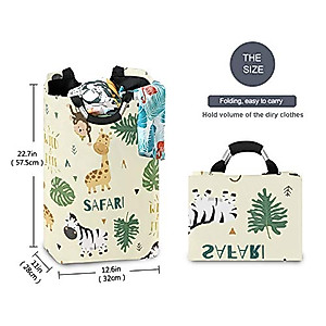 AJINGA Kids Laundry Hamper with Handles-Collapsible Fabric Laundry Bakset Dirty Clothes Hamper for Women,Cute Safari