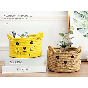 Kamuavni Woven Basket Cartoon Cotton Rope Gifts Basket with Handle Empty Baby Wicker Storage Basket Nursery Box Bin Kids Organizer Cat Dog Toy Basket Easter Basket,Yellow