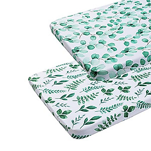 Pack n Play Sheets 2 Pack for Baby Unisex, Stretchy Jersey Knitted Portable Mini Crib Sheets Playard Mattress Cover for Baby Boys and Girls, Watercolor Green Botanical Leaf