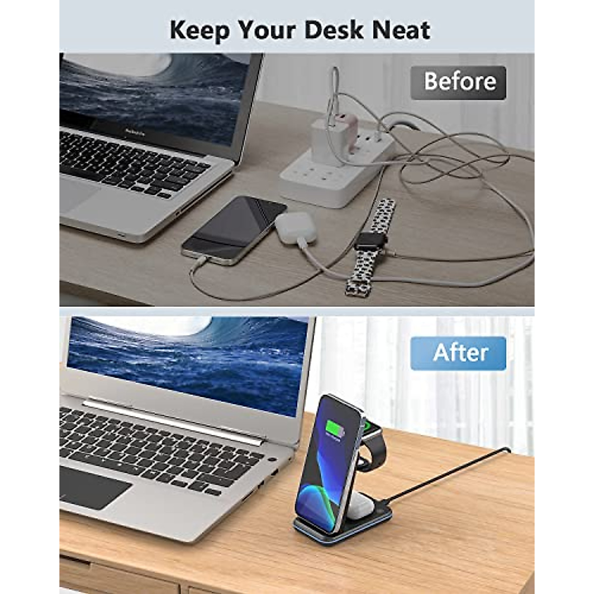 Wireless Charger, 3 in 1 Fast Wireless Charging Station, Wireless Charging Stand Dock 18W Foldable for Apple Watch SE/7/6/5/4/3/2 AirPods 3/2/Pro iPhone 13/12/11/Pro/XS/Xs Max/XR/X/SE/8/8 Plus