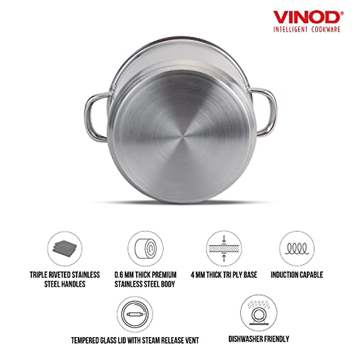 Vinod 6 Liters/6.3 Quartz Stockpot Stainless Steel With Tempered Glass Lids | Dishwasher Safe | Large Cooking Pot For Indian Food, Soup, Stew | Induction-Ready | 22cm | Food Grade Stainless Steel
