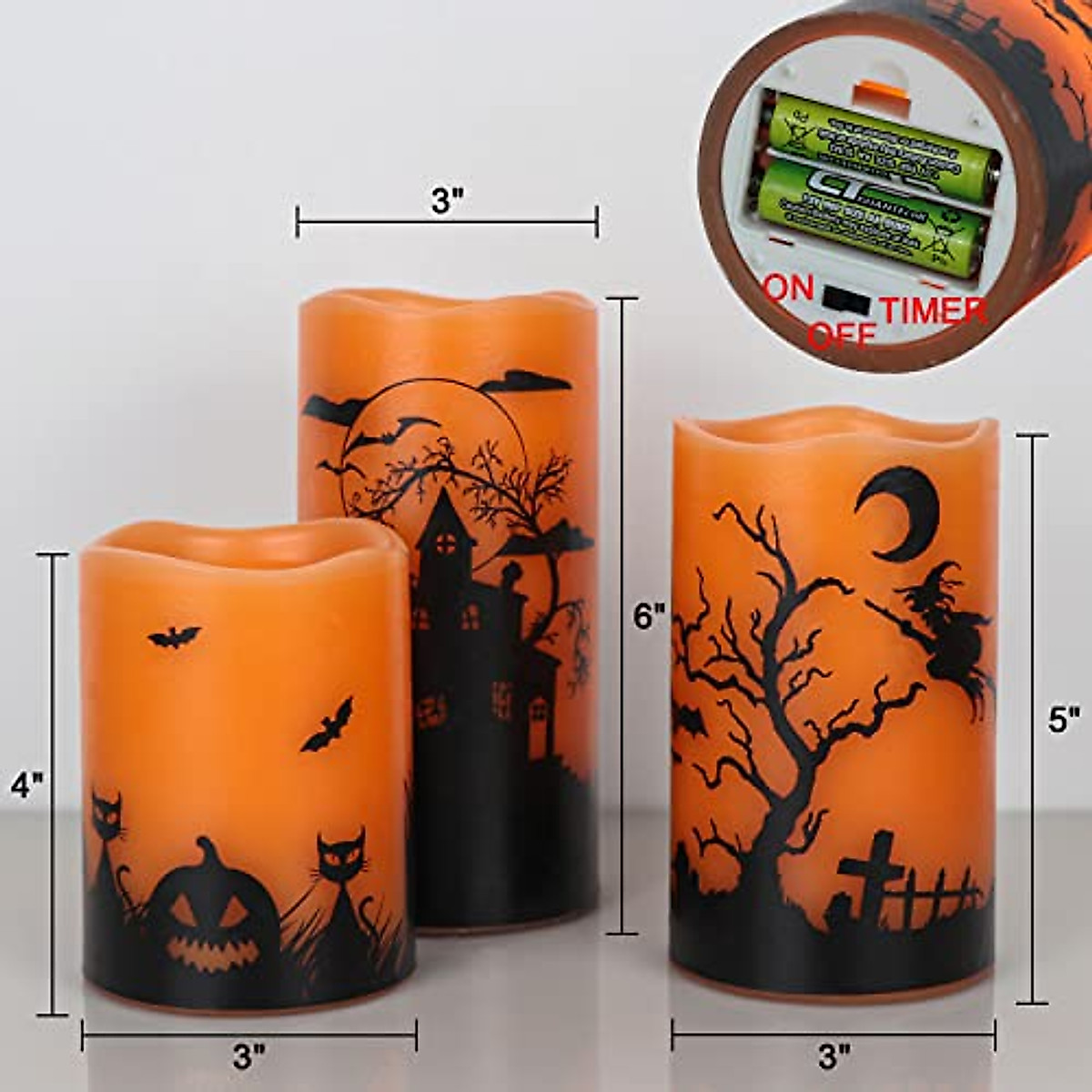Wondise Halloween Flickering Flameless Candles with 6 Hour Timer, Battery Operated LED Real Wax Candles Set of 3 Halloween Home Decoration Gifts(3 x 4 5 6 Inch)