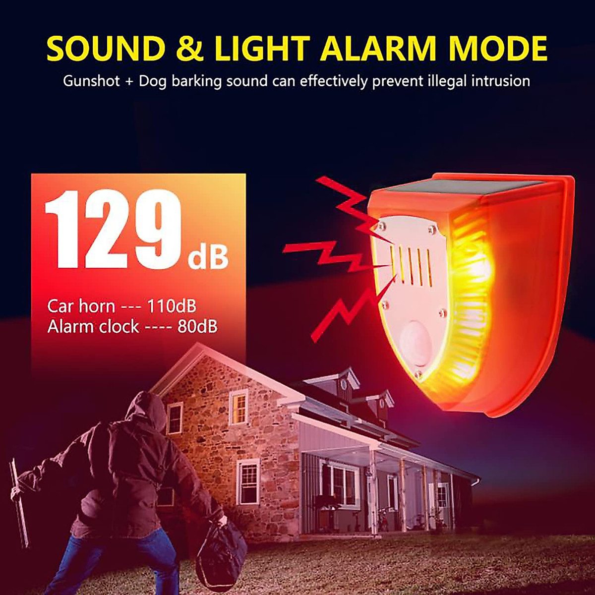 Solar Strobe Alarm Light: Solar Alarm Light with Motion Detector 129db Sound Security Siren Light IP65 Waterproof Outdoor Sensor Alarm for Home, Farm, Barn, Villa, Yard - Solar and DC Charge (1-Pack)