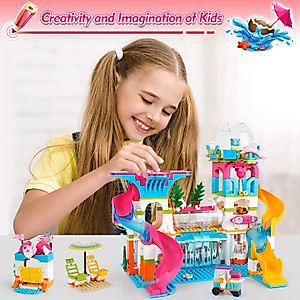 Building Set for Girls Friends Set Summer Swimming Pool Building Toys Water Park Building Blocks Playset Includes Ice-Cream Car, Shower Room, Christmas Birthday Present Gift for Kids Girls 6-12