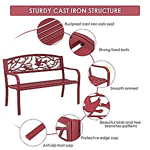 Tangkula Outdoor Garden Bench Park Bench, Patio Red Bird Bench Loveseat W/Backrest & Armrests, Heavy-Duty Steel Frame, Outdoor Furniture Bench Chair for Garden Courtyard Lawn Porch