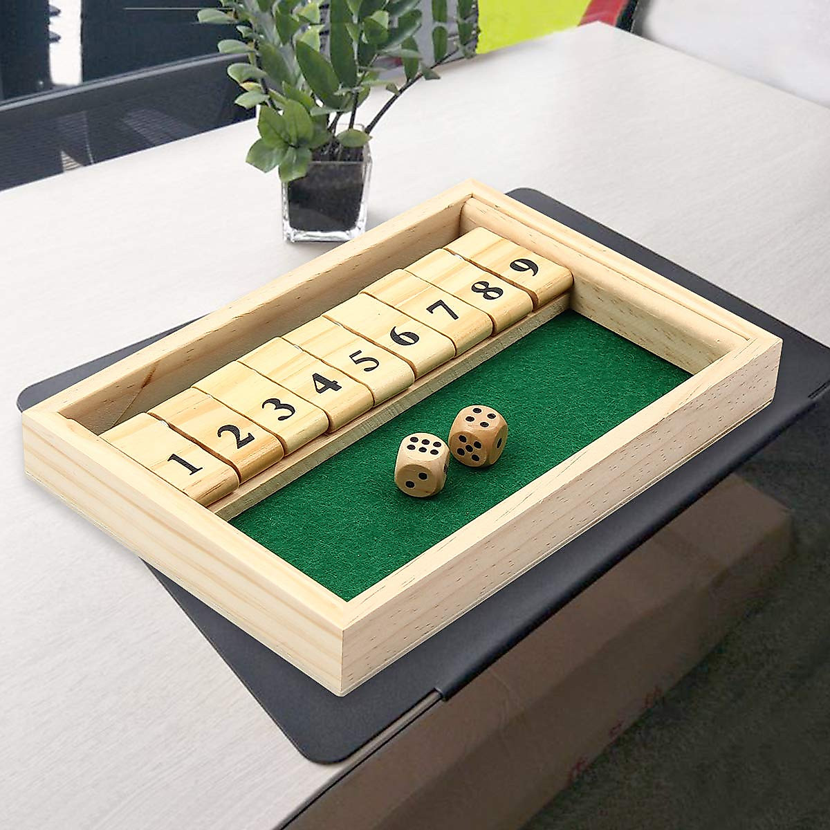 bouti1583 Shut The Box Game, Double-Sided Classic 9 Number Wooden Set with Dice Green- Adults and Children