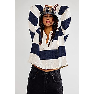 Meenew Women's Baggy Loose Knit Sweater Plunge V Neck Long Sleeve Fashion Loose Crop Tops Dark Blue S