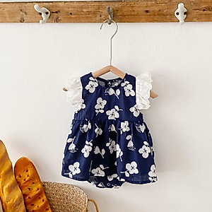 HOOLCHEAN Baby Toddler Girls Lace Flutter Sleeves Dress with Diaper Cover (Navy, 6-12 Months)