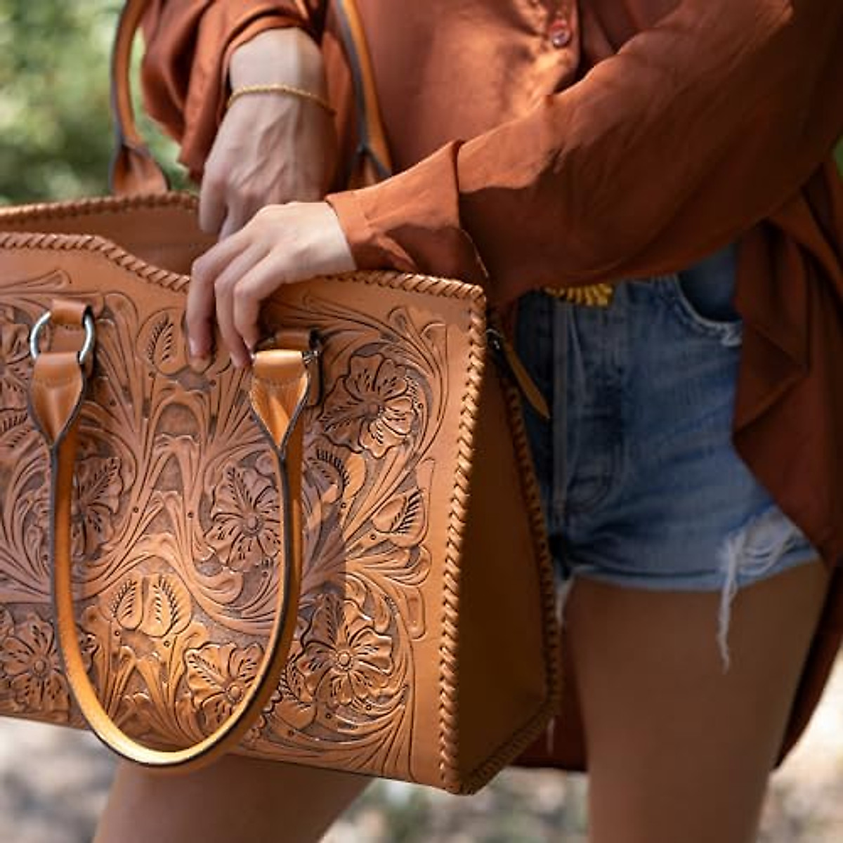 Mauzari Tooled Leather Shoulder Bag Tote for Women (Honey, Large)