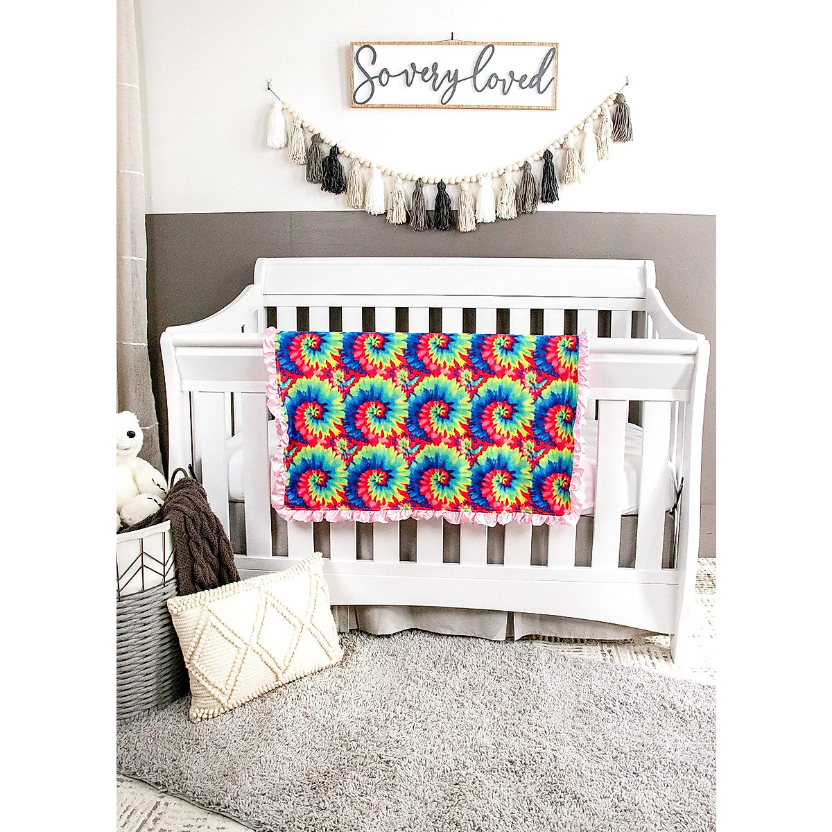 Top Tots Baby Blanket - Tie Dye Pattern with Pink Minky Dot & Satin Ruffle, 31 x 31 Inch Multicolored