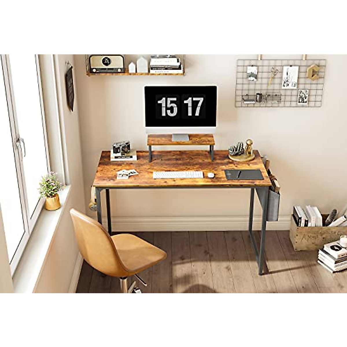 Cubiker 55 Inch Computer Writing Desk for Home Office, Study Work Table with Small Monitor Stand and Storage Bag, Easy to Assemble
