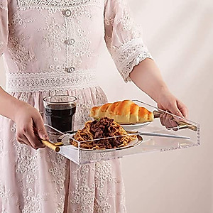 Lyellfe Acrylic Serving Tray with Gold Handles, 14 x 11 Inch Lucite Tray for Coffee Table, Spill-Proof Clear Food Serving Tray for Breakfast, Coffee, Cosmetic or Magazine