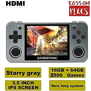 hemistin RG350m Handheld Game Console with 16G Memory, 3.5 Inch IPS Screen 2500MAH Battery Preload 5000 Games Opendingux System Gifts (Chinese and English Version) (Titanium + 32G TF Card)