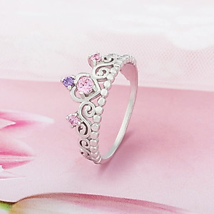 Furious Jewelry 925 Sterling Silver Princess Heart Crown Pink & Purple CZ Band Ring, Size 6 7 8 (6)