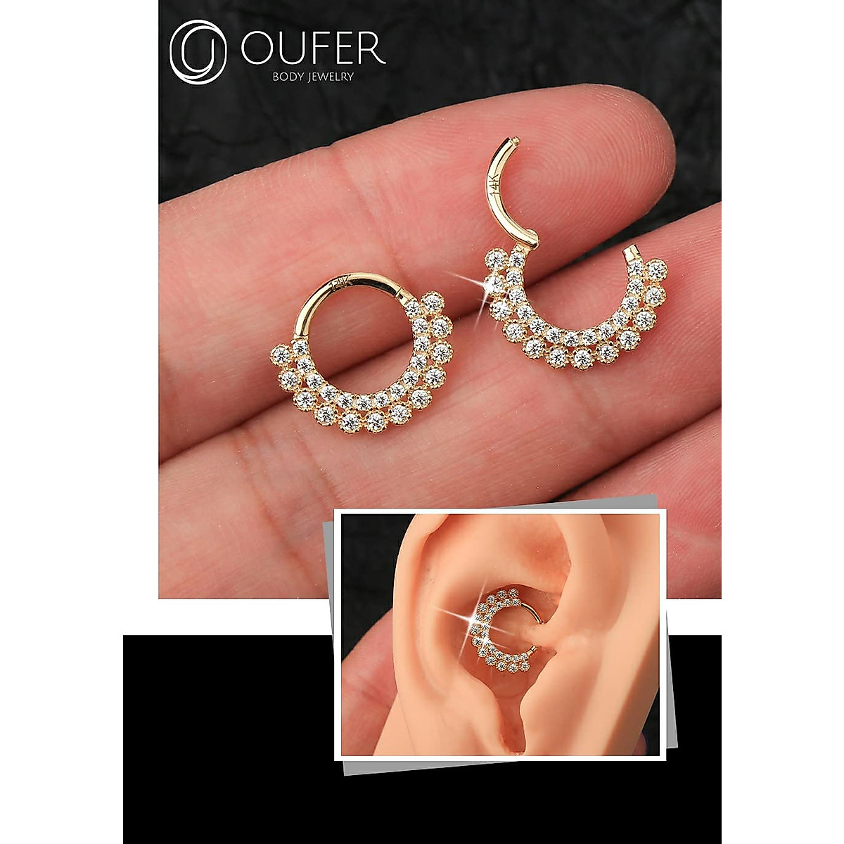 OUFER 16G Septum Rings Hoops, 14K Solid Gold Septum Piercing Jewelry, Paved Shiny Clear CZ Cartilage Hoop Earrings, Daith Helix piercing Jewelry For Women And Men