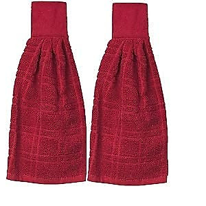 Kovot Set of 2 Cotton Hanging Tie Towels | Include (2) Hanging Towels That Latch with Hook & Loop (Red)
