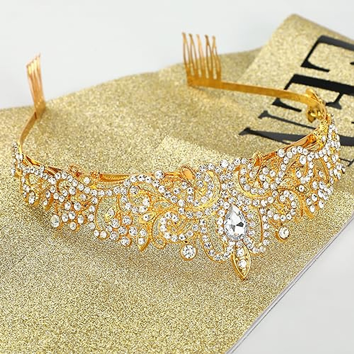 GINZU Birthday Queen Sash and Crystal Tiara Set, Gold Tiara and Crowns for Women Birthday Gift for Girl Kit Decorations Set Rhinestone Hair Accessories Glitter Stain Silk Sash for Party
