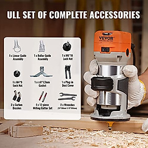VEVOR Wood Router, 1.25HP 800W, Compact Wood Trimmer Router Tool, 30000RPM Max Speed 6 Variable Speeds, with 1/4'' & 5/16'' Collets 12 PCs Milling Cutters Dust Hood, for Woodworking Slotting Trimming