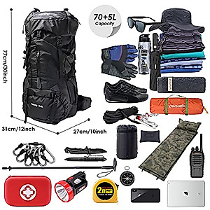 WintMing 75L Hiking Backpack with Rain Cover Waterproof Camping Backpack Shoes Warehouse for Men Women, Frameless (black)
