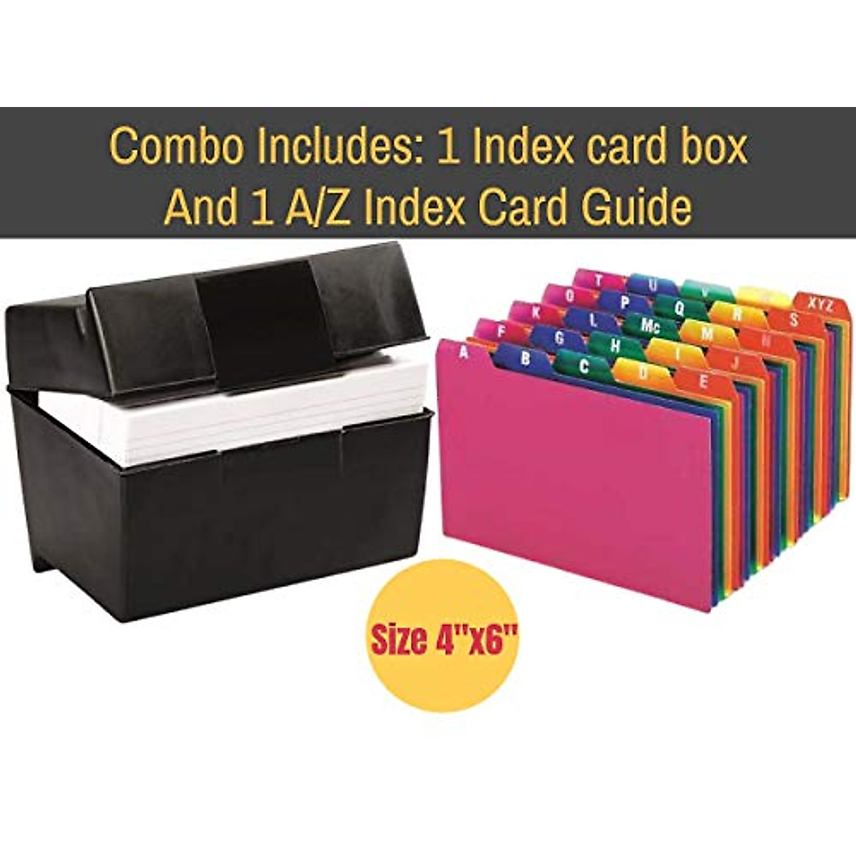 1InTheOffice Index Card Box 4x6, Index Card Storage Box 4 x 6 inches Index Card Holder 4x6 400 Capacity & Index Card Guide Set, A-Z, 1/5 Tab
