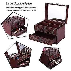 Wooden Jewelry Box with Mirror, Classical Wood Jewlery Box Jewelery Storage Box Case Holder Jewellery Chest Organizer with Drawer Mom Gifts Mothers Day Gift for Women Girls Ring Necklace Earring