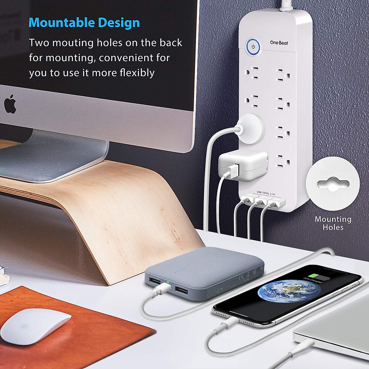 Surge Protector Power Strip - 8 Widely Outlets 3 USB Ports (1800J), 6ft Extension Cord with Flat Plug, Wall Mountable, Surge Overload Protection for TV Home Office, ETL Listed