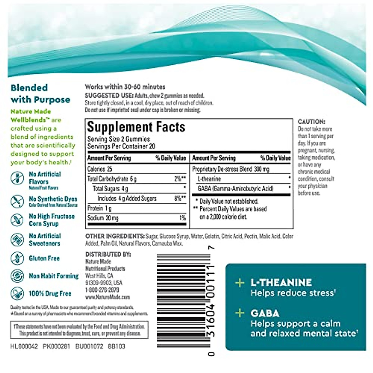 Nature Made Wellblends Stress Relief Gummies, L-theanine to help reduce stress, with GABA, Same Day Stress Support, 40 Strawberry Flavor Gummies