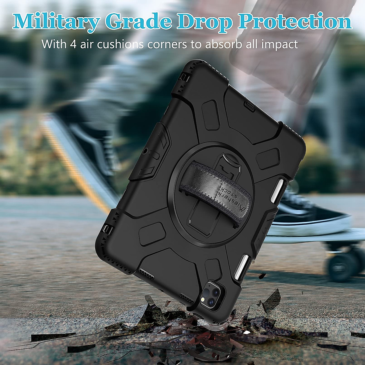 Case for iPad Pro 11 Inch (2022/2021/ 2020/2018): Silicone Cover for iPad 11 (4th/ 3rd/ 2nd/ 1st) Generation with Screen Protector- Stand- Handle- Shoulder Strap- Pencil Holder- Black