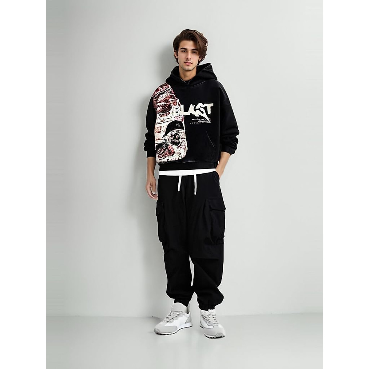 Obenie Retro Y2K Hoodie Gothic Casual Alphabet Blast Print Pattern Skull Fashion Hoodie Men Harajuku Men Clothing (black,L,Large)