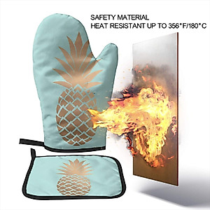 MSGUIDE Gold Pineapple Mint Green Oven Mitts and Pot Holders, 356℉ Heat Resistant Oven Gloves Soft Cotton Lining Gloves for Kitchen, Cooking, Baking, Grilling, BBQ