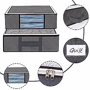 Isbasa 4 Pack Under Bed Storage Bags, 2 Foldable Underbed Storage Bags and 2 Organizer Bins with 4 Reinforced Handles, Pocket for Labels and Clear Windows for Clothes, Blankets, Bedding, Grey