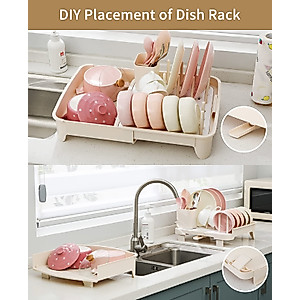 Outlet Dish Drying Rack - Large Adjustable Dish Rack Expandable Plastic Dish Drainer for Kitchen Counter with Utensil Holders, Detachable Space Saving Kitchen Organizer for Bowls Plates (Apricot)