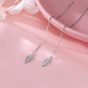 SLUYNZ 925 Sterling Silver Threader Earrings Chain for Women Teen Girls Ear Line Dangling Earrings Chain (Leaf Threader Earrings)