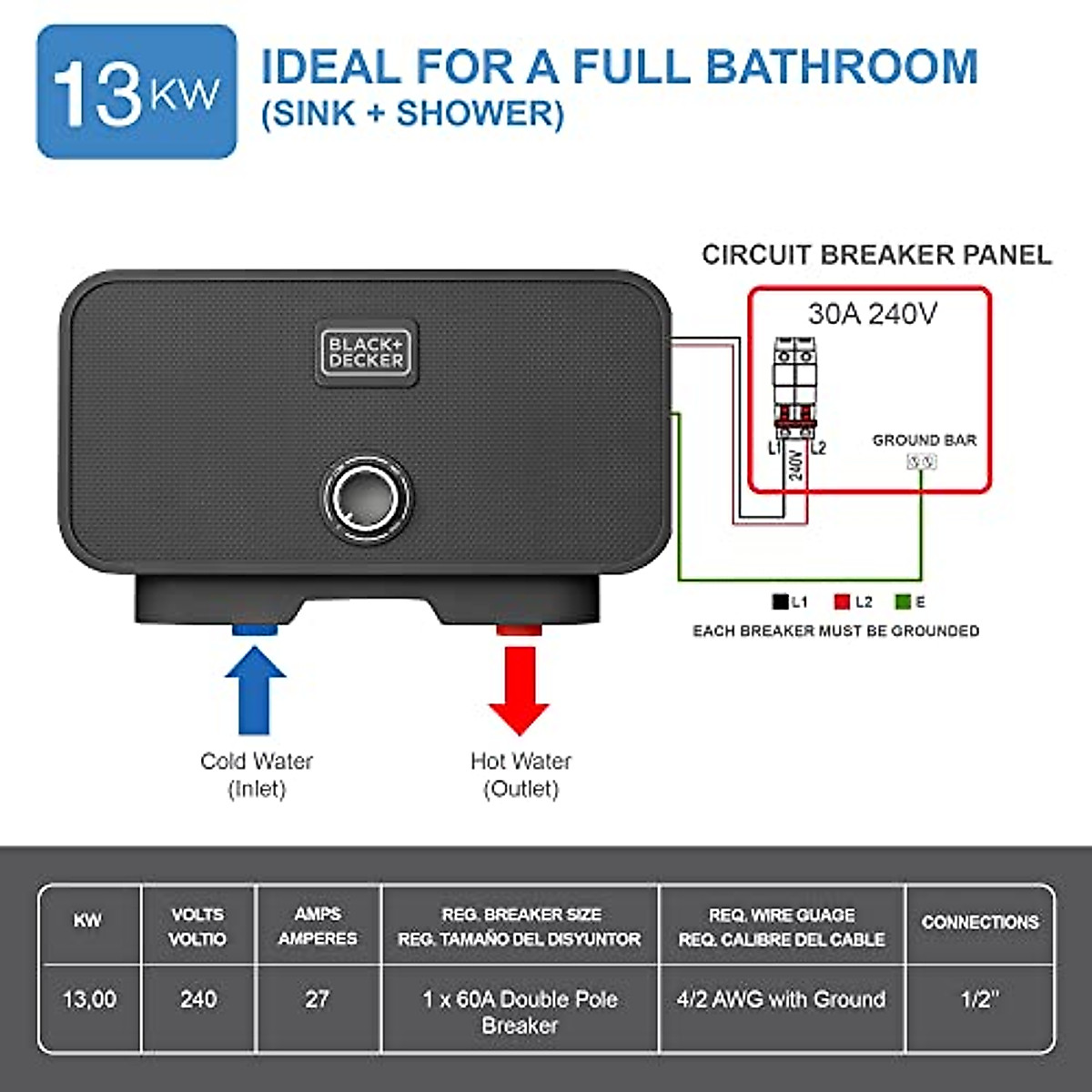 BLACK+DECKER 13kW / 240-V Tankless Electric Water Heater with Pressure Relief Device, Ideal for a Full Bathroom