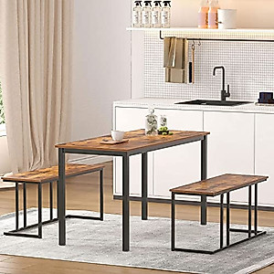 SogesHome 55'' Dining Table Set for 4, 3 Pieces Kitchen Table and 2 Bench Set, Table with Bench Set for Restaurant, Coffee Shop, Living Room, Vintage Brown