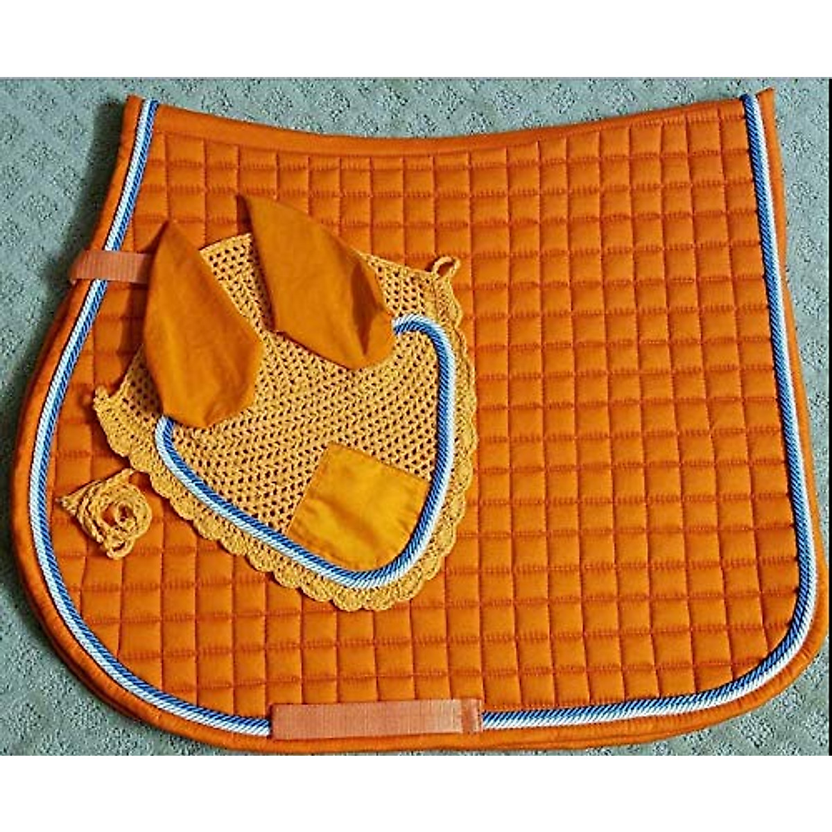 Horse English Saddle PAD with Matching Fly Bonnet with Ear NETS Breathable Cotton Handmade Full Size Stretchable Ears (Purple, Full)