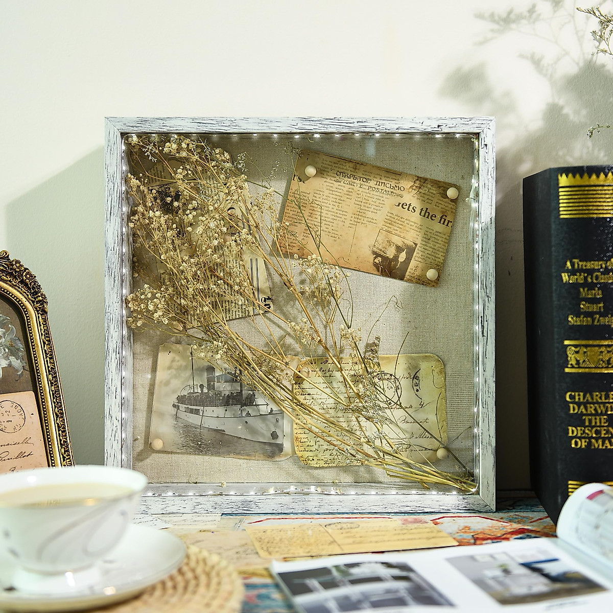 Deep Shadow Box with Light Hanging Display Case Wooden Memory Box Picture Frame Display Keepsake Box for Wall and Tabletop Tickets Memorabilia Bouquet Keepsakes Gift