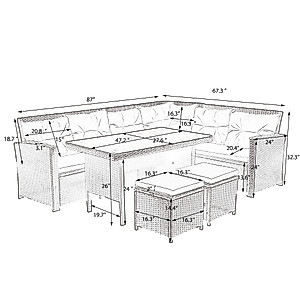 Merax Patio Dining Sets, PE Rattan Sectional Outdoor Patio Furniture Wicker Sofa with 2 Stools, Tempered Glass Table & Cushions, Grey+Dark Grey