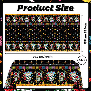 MEHOFOND 3 Pcs Day of The Dead Plastic Tablecloth, Dia De Los Muertos Disposable Table Cover for Halloween, Mexican Skull Floral Fiesta Party Decorations, Day of The Dead Party Supplies