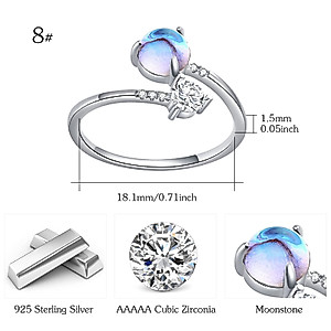 CUOKA MIRACLE Turquoise/Moonstone Ring 925 Sterling Silver Turquoise/Moonstone Adjustable Ring Hypoallergenic Ring for Sensitive Ears Jewelry Gift for Women (Moonstone)
