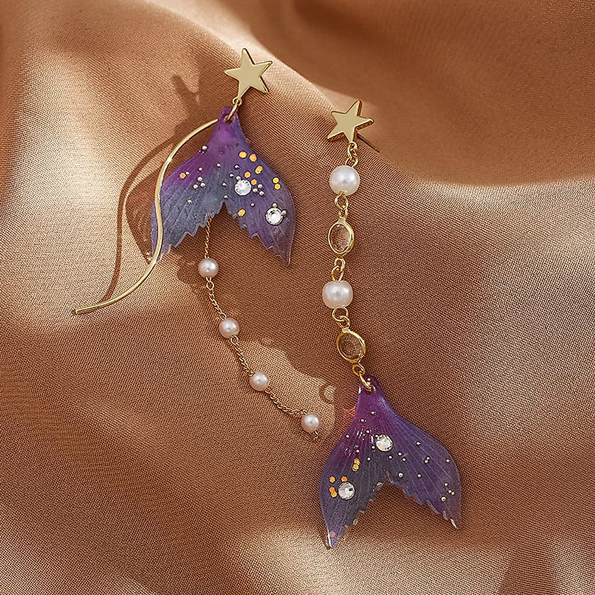 Mermaid Earrings - Sequin Resin Fish Tail Dangly Earrings for Women,Unique Mermaid Dangle Drop Earrings,S925 Sterling Silver Earrings for Hypoallergenic,Beach Earrings with Pearl Link Chain