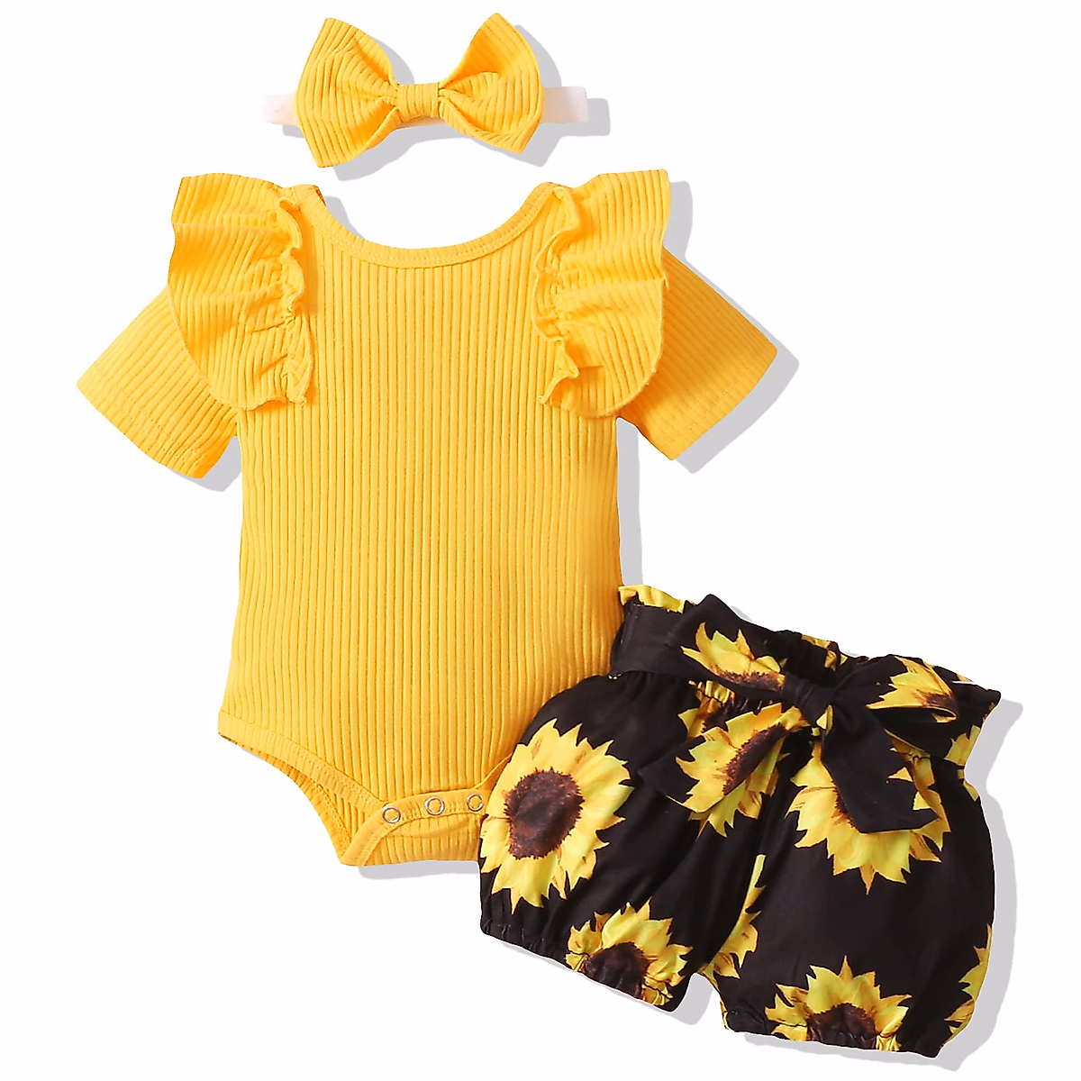 AMAWMW Newborn Baby Girl Summer Clothes Ribbed Ruffle Short Sleeve Romper Sunflower Shorts Outfit 3-6/6 Month Girl Clothes