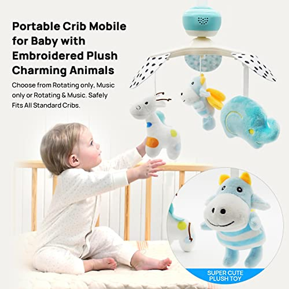Duomilee Baby Mobile for Crib, Portable Mobile Crib for Baby with Relaxing Music, Rotatable and Length-Adjustable, Nursery Mobiles for Bassinet with Animals Toys for Newborn Aged 0-5 Months(Blue)