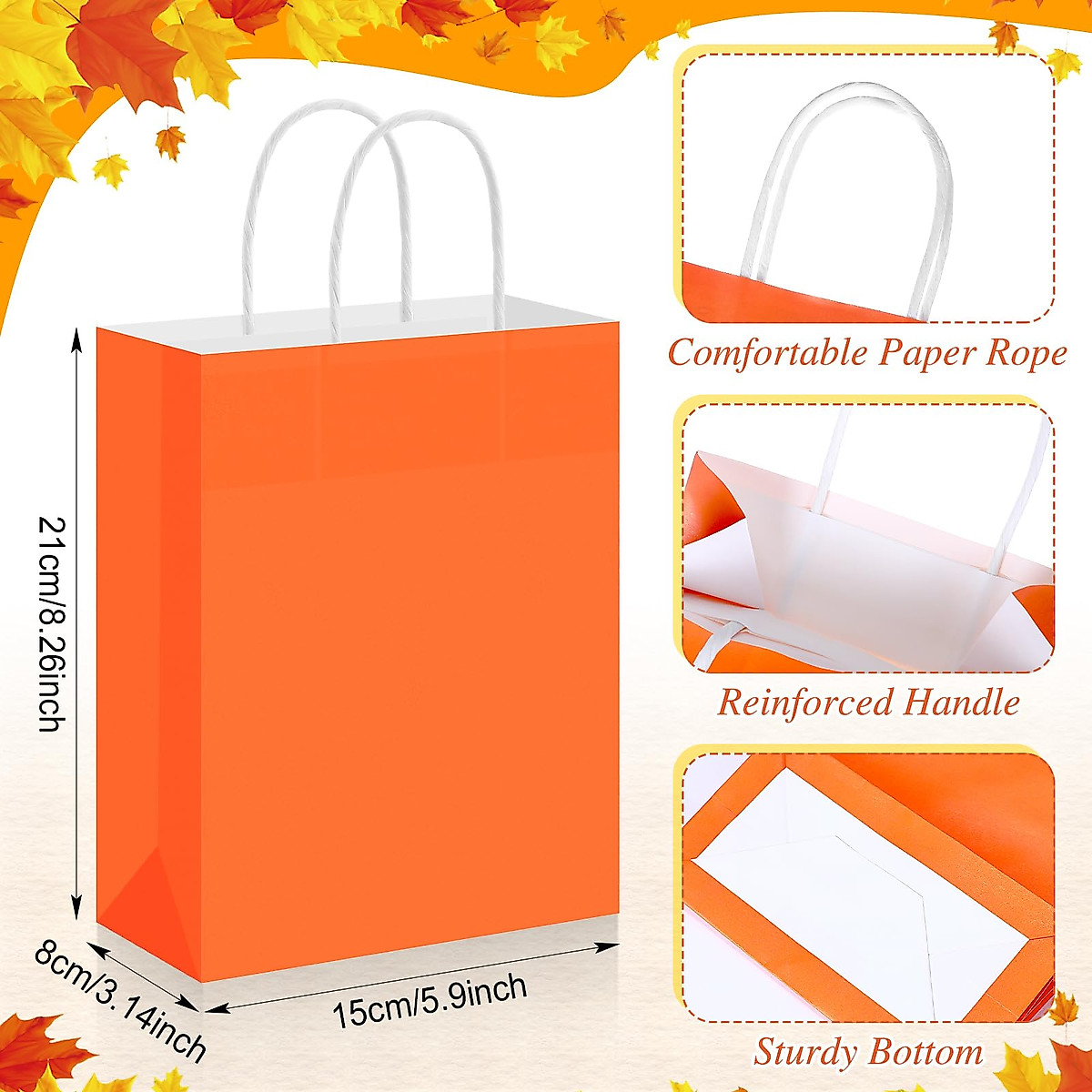 Humyoun 24 Pcs Fall Gift Bags Bulk Fall Candy Goodies Bags Kraft Paper Orange Gift Bags with Handles for Thanksgiving Autumn Wedding Birthday Party Favors