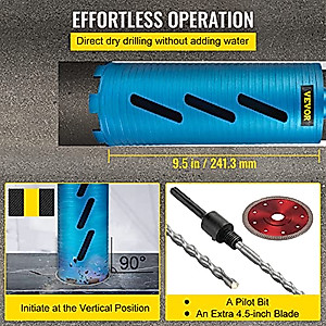 VEVOR Core Drill Bit, 4" /101.6 mm Diameter 5/8"-11 Shank Arbor with a Pilot Bit & 4.5" Blade, 9.5" /241.3mm Depth Diamond Dry Coring Bore Tool, Masonry Hole Saw Bits for Hard Concrete Brick and Block