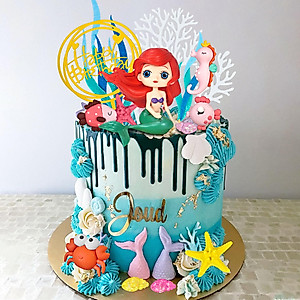 17 PCS Mermaid Cake Toppers Ocean Animals Under the Sea Cake Decorations with Ariel Model for Mermaid Under the Sea Theme Baby Shower Birthday Party Supplies (style 1)