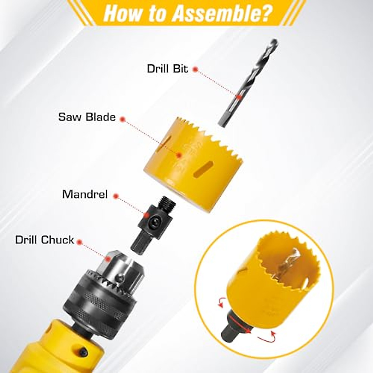 KATA Bi-Metal Hole Saw Kit, 7-Piece Metal Hole Saw Set with 1-1/4" to 2-1/8"(32-38-44-54mm) Hole Drill Cutter with Mandrels, Drill Bit, Hex Key for Metal, Wood, PVC, Plastic