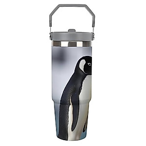 30oz Stainless Steel Insulated Tumbler with Flip Lid & Straw, Leakproof Travel Mug for Car, I Love Penguins Double Wall Vacuum Thermal Coffee Cup with Handle, Spill-Proof Design for Hot/Cold Drinks