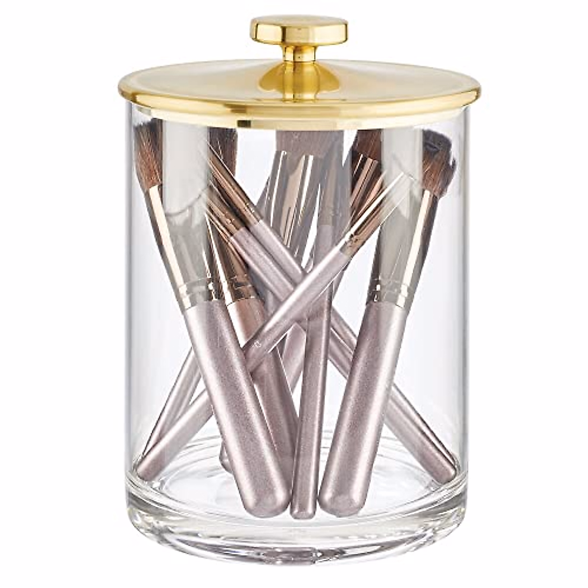 mDesign Large Modern Apothecary Storage Organizer Canister Jars - Plastic Containers for Bathroom, Organization Holder for Vanity, Counter, and Makeup Tables, Lumiere Collection, Clear/Soft Brass